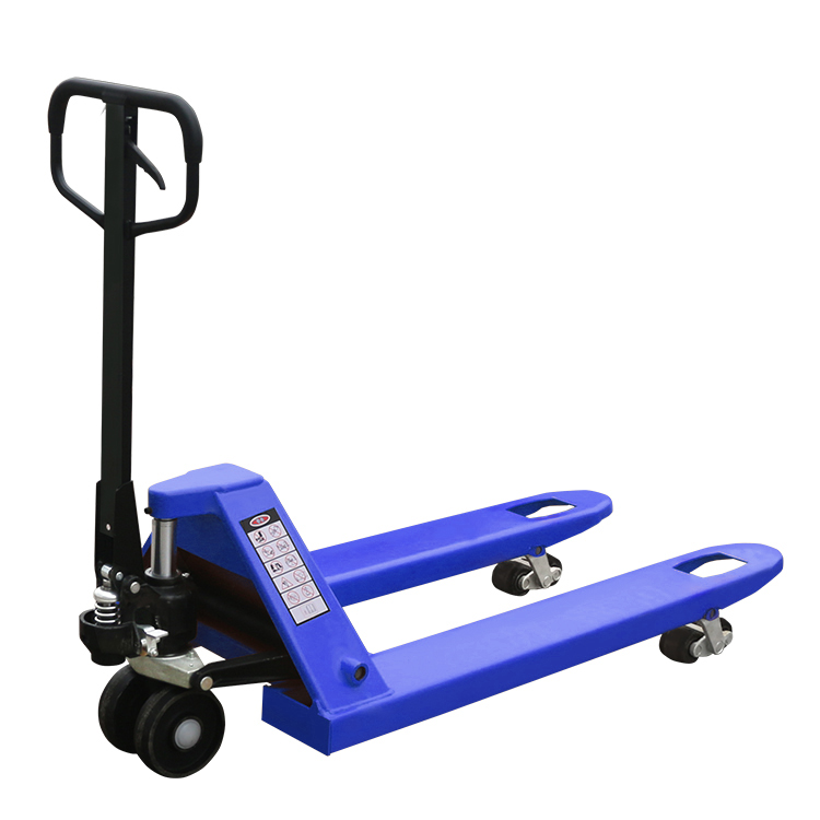 Blue hand pallet trolley for outdoor use