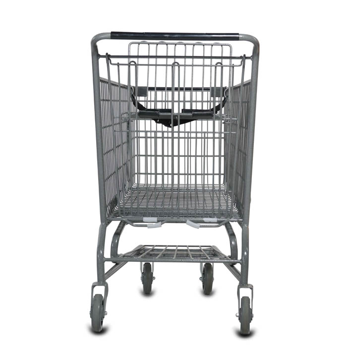 Grey metal supermarket shopping trolley