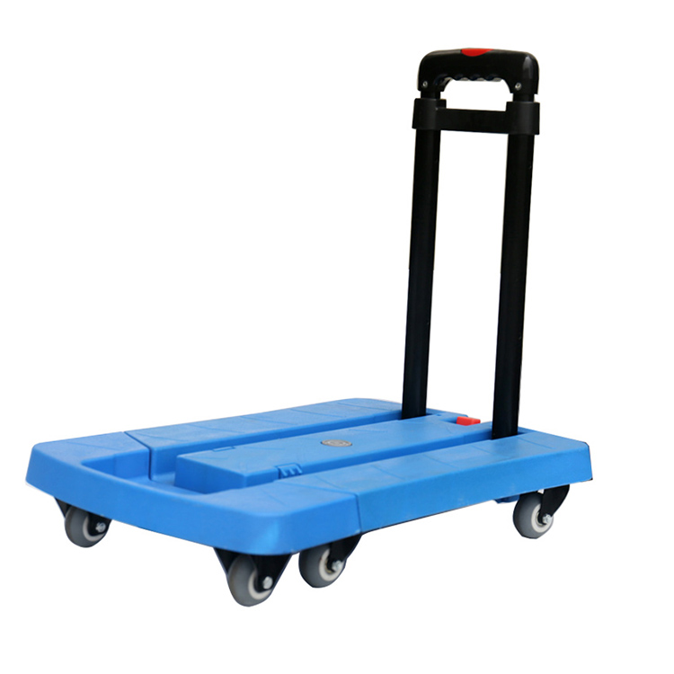Small blue plastic platform trolley