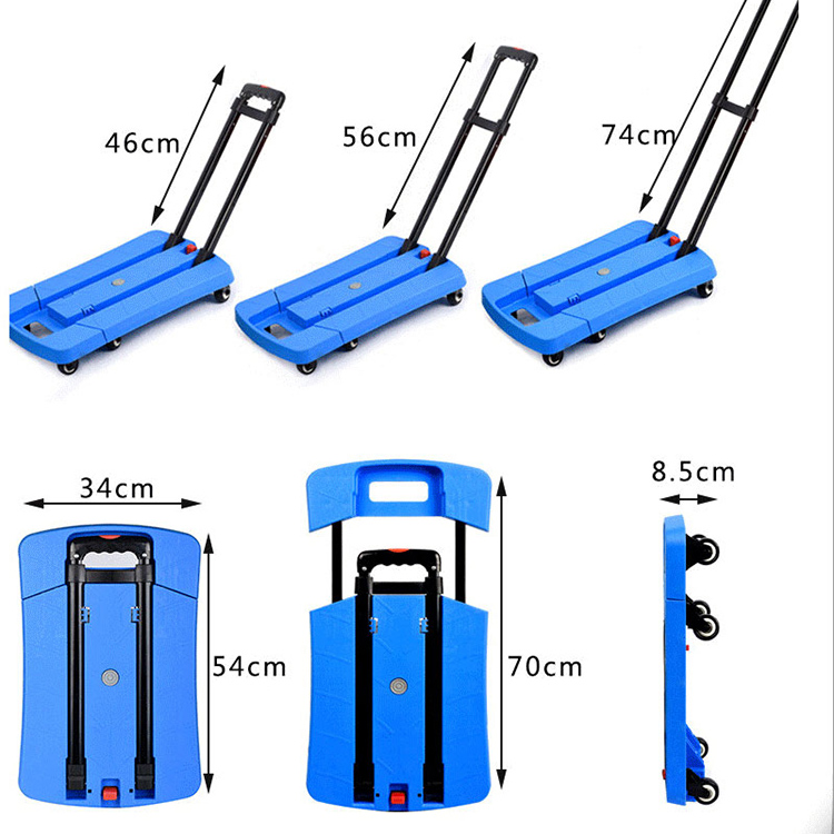 Small blue plastic platform trolley